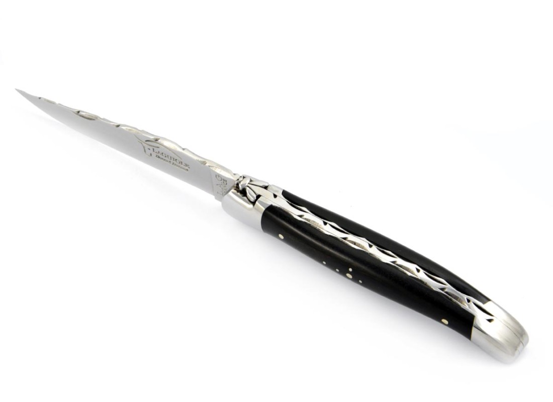 Laguiole pocket knife, 11 cm, top and bottom chiseling, dark horn tip ...